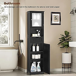Iwell 67.2" H Tall Bathroom Storage Cabinet with 2 Doors & 1 Drawer, Bathroom Cabinet with 4 Shelves, Narrow Linen Cabinet for Living Room, Bathroom, Kitchen, Black