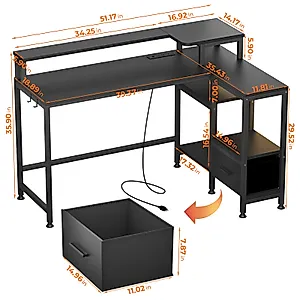 GreenForest L Shaped Desk with Drawers and Power Outlet, 51 inch Computer Gaming Desk with Monitor Stand and 4 Tier Storage Shelves, Printer Stand and Hooks for Work and Study, Black