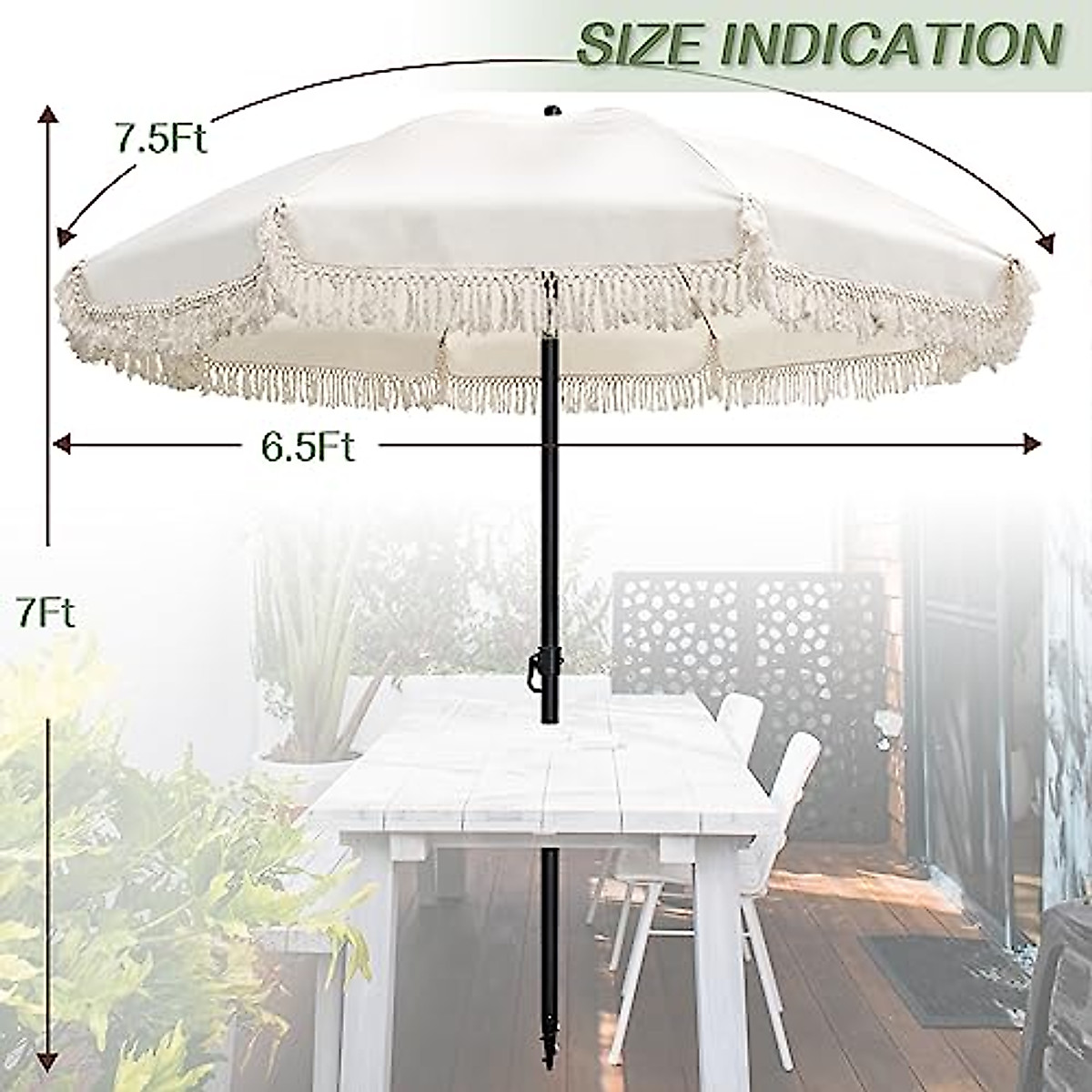 FULLSUN PARASOL Patio Umbrellas with Fringe, 6.5ft Beach Umbrella Outdoor Heavy Duty Wind Portable, UV 50+ Boho Parasol with Sand Anchor & Carry Bag for Garden Pool Backyard