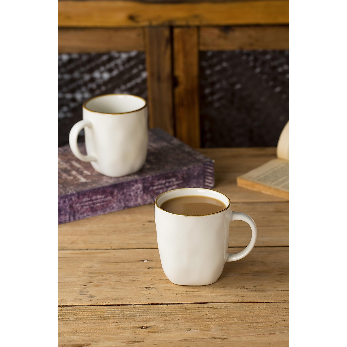 famiware Coffee Mugs Set of 4, Ocean Square 13oz Coffee Cup Set with Handle for Cocoa, Milk, Hot Chocolate, Tea, Water, Stoneware Cups for Kitchen, Microwave and Dishwasher Safe, Vanilla White