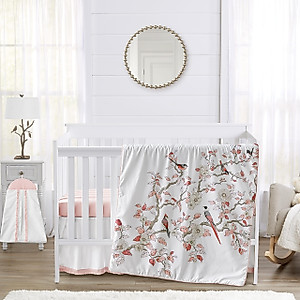 Sweet Jojo Designs Floral Bird Girl Baby Crib Bedding Set Infant Nursery Room Blanket Fitted Sheet Skirt Diaper Stacker 4pc -Pink White Flowers Cottagecore Luxury Vintage Pastel Botanical Blossom Tree