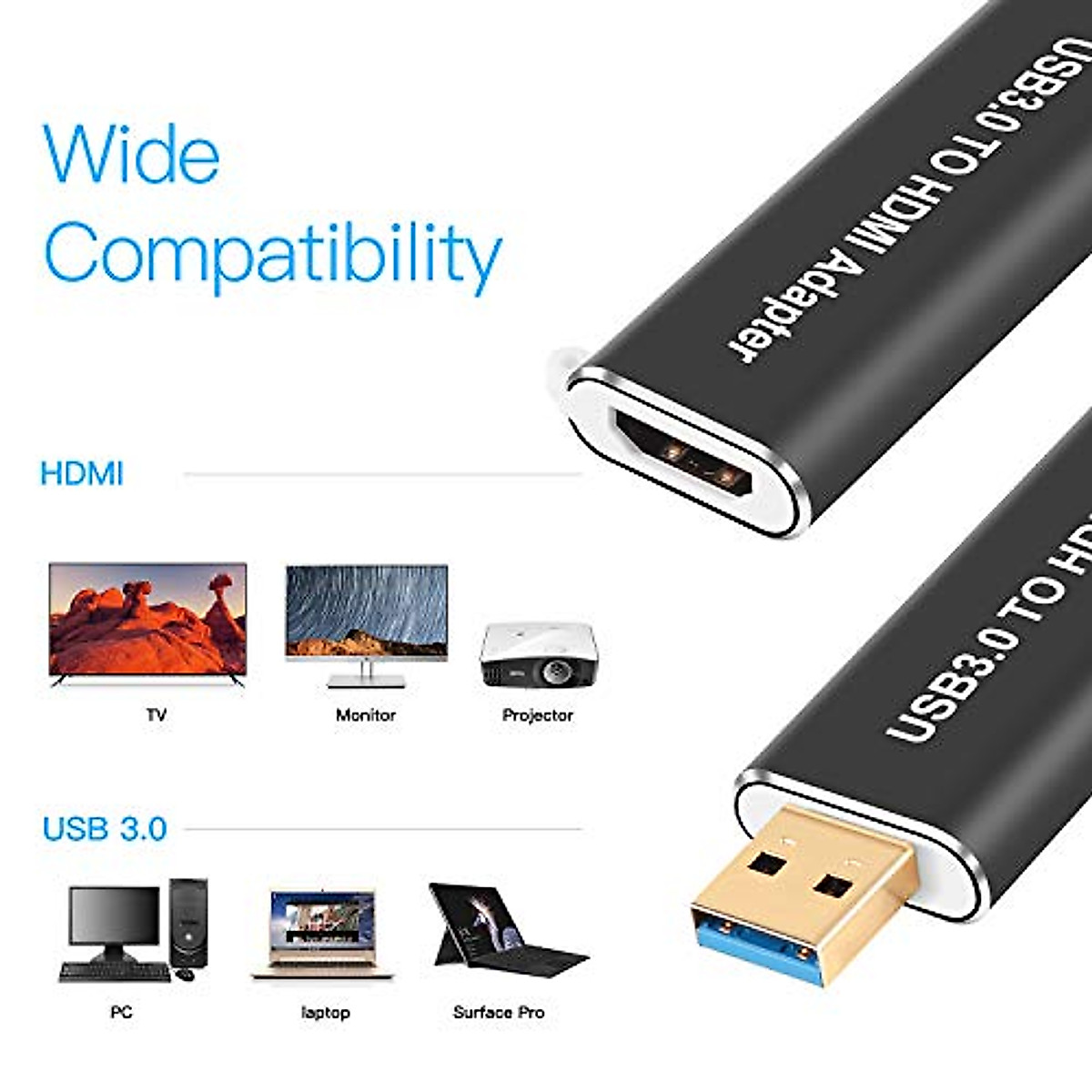 DYSYXD USB to HDMI Adapter USB 3.0 to HDMI for HDTV/Monitors/Projectors 1080P USB 3.0 to HDMI Audio Converter Compatible with Windows 10