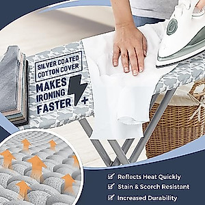 STO STO Ironing Board 45" x 14" with Iron Holder, Adjustable Height 29" to 36", Full Size Foldable Iron Board with Silver Coated Cotton Removable Cover, Sturdy Steel Frame and Legs, Grayish Blue Plaid