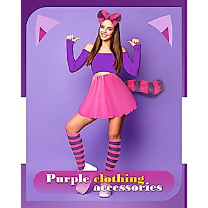 Striped Cat Costume for Girls Women, Cat Ears, Furry Tail, Striped Socks for Halloween Cosplay (Purple, Pink)