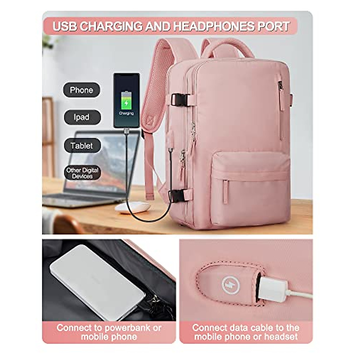 VGCUB Carry on Backpack,Large Travel Backpack for Women Men Airline Approved Gym Backpack Waterproof Business Laptop Daypack,Pink Large