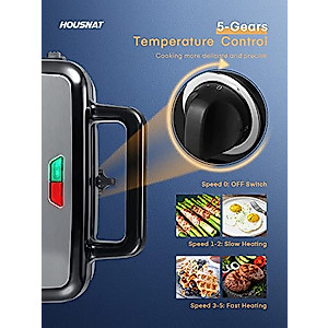 HOUSNAT 3 in 1 Sandwich Maker, Waffle Maker with Removable Plates, 1200W Panini Press with Interchangeable Non-Stick Plates, Indicator Lights, 5-gear Temperature Control, Silver/Black