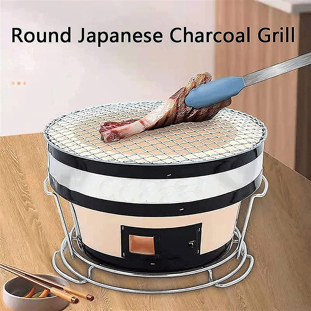 Yingm Japanese Round Yakatori Charcoal Grill/Ceramic Clay BBQ/Tabletop Barbecue Stove with Wire Mesh Grill for Backyard Outdoor Cooking