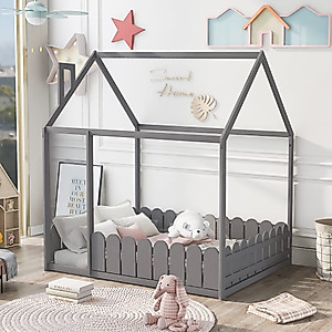 MERITLINE House Bed Full Size Playhouse Bed Frame with Roof Full Kids Bed for Girls Boys, Box Spring Needed, Grey