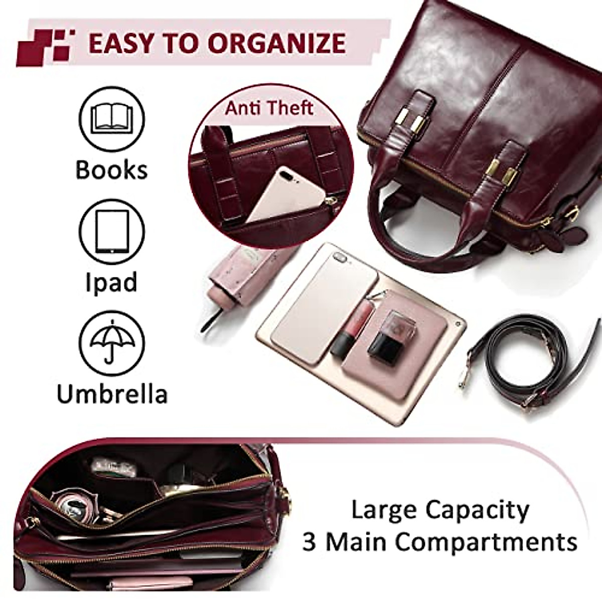 VASCHY Satchel Bag for Women, Faux Patent Leather Top Handle Handbag Work Tote Purse with Triple Compartments Burgundy