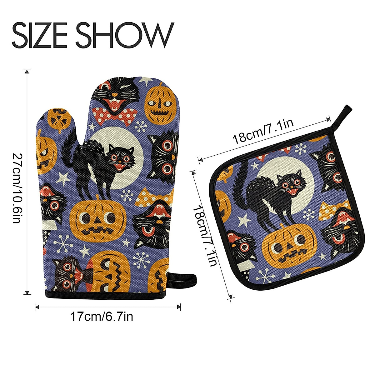 Oven Mitts and Pot Holders Set High Insulated Oven Gloves with Heat Insulation Pad Cat and Halloween Pumpkins Soft Cotton Lining and Non-Slip Surface Kitchen Mitten for Safe BBQ Cooking Baking