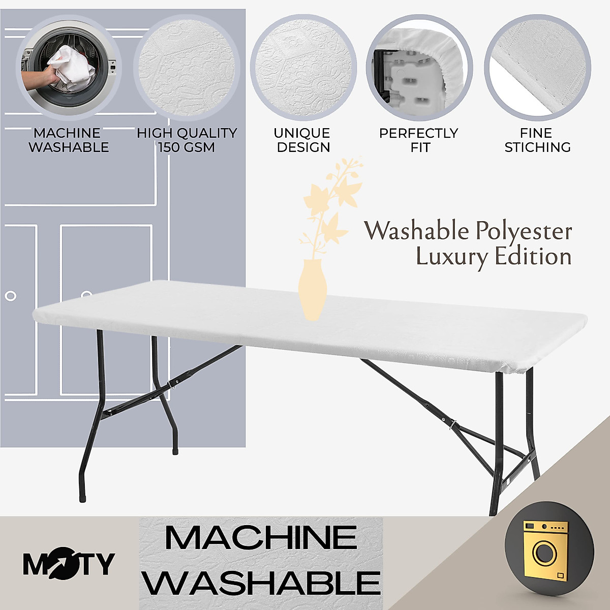 Fitted Rectangle Tablecloth for 6 Foot Tables – Reusable Elastic Edge Table Cover for Folding Banquet Tables – Washable 100% Polyester Fabric with Mitered Corners for Parties and Picnics (32x72 inch)