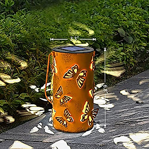 Greenidea 2 Pack Hanging Solar Lanterns Retro Solar Lights with Handle, Outdoor Solar Garden Lights Decor with Butterfly Pattern for Yard Tree Lawn Fence Patio-Yellow