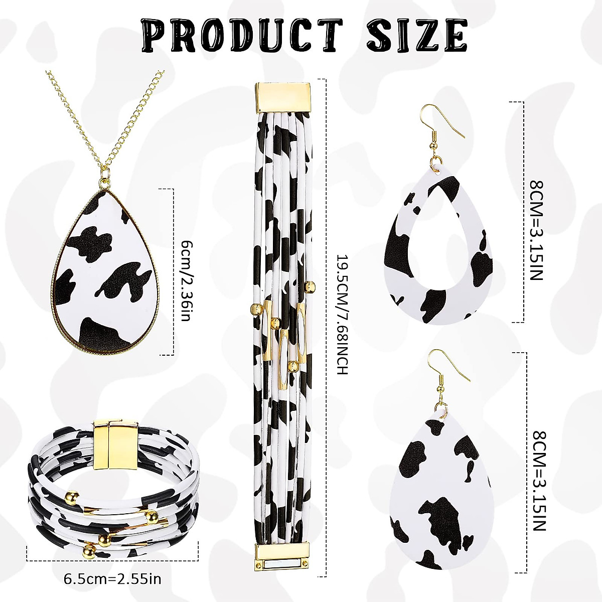Sureio 4 Pcs Cow Print Jewelry Set Cow Print Accessories for Women Cow Print Earrings Pendant Necklace Black and White Multi Layer Bracelet