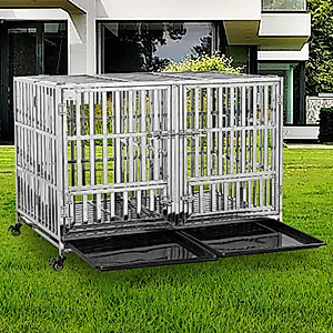 RyBuy 48" Heavy Duty Dog Cage Foldable Stackable Stainless Steel Kennel Cage for Small Dogs with Floor Grid, Tray, Divider