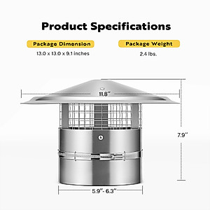 VIVOHOME 6" Cone Top Chimney Cap with Screen, Round Roof Rain Chimney Cover, Galvanized Steel Fireplace Exhaust Cap, Adjustable Roof Cap for Vent