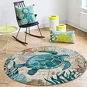 Libaoge Round Area Rugs 4 ft Diameter Indoor Aloha Mats Sea Turtle Ocean Animal Nautical Map Soft Living Room Bedroom Unique Carpet Woman Yoga Mat Home Decor