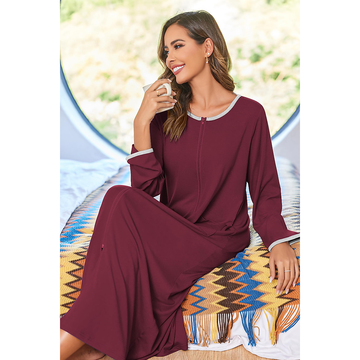 Ekouaer Women Long House Coat Zipper Front Robes Full Length Nightgowns with Pockets Striped Loungewear(Wine Red,X-Large)