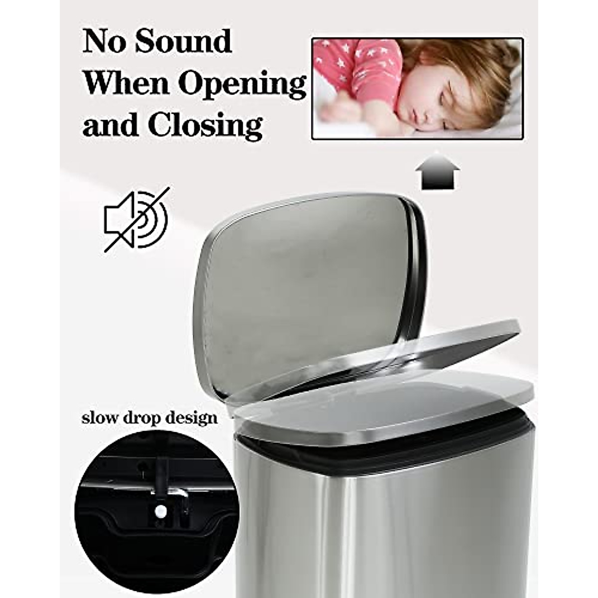 Pazidom 13 Gallon Step Trash Can with Soft Close Lid, 50 Liter Stainless Steel Pedal Garbage Bin with Removable Inner Bucket, Tall Rectangular Trash Bin for Kitchen Office Bedroom, Silver