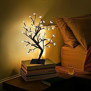 PEIDUO 17.5” Lighted Cherry Blossom Tree 48 Warm White Lights Plug in Adapter Light up Bonsai Tree for Christmas Indoor Home Bedroom Office Living Room Tabletop Tree Night Light Artificial Plants