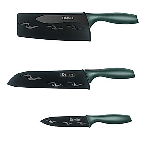 Dsmile 3 Pieces Stainless Steel Kitchen Knife Set (Chef Knife, Utility Knife, Paring Knife) with Clad Dimple and Knife Covers, For Chef Cooking Cutting