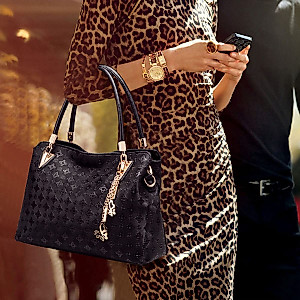 YOUNXSL Women Fashion Synthetic Leather Handbags Tote Bag Shoulder Bag Top Handle Satchel Purse with Pendant Set 4pcs Black