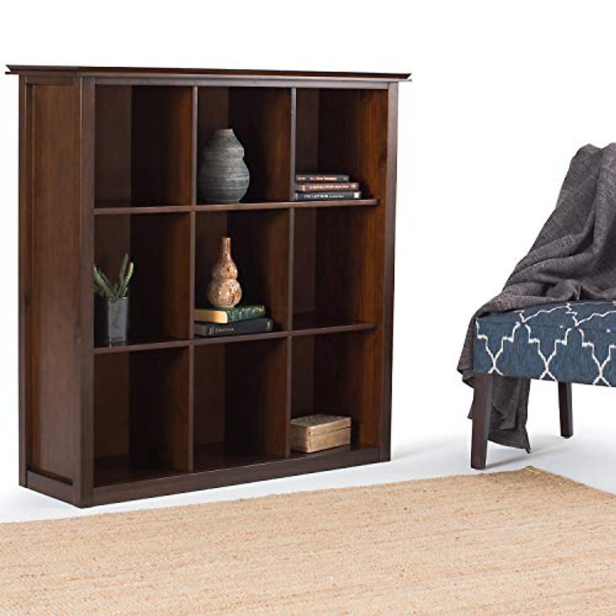 SIMPLIHOME Artisan SOLID WOOD 43 Inch Transitional 9 Cube Bookcase and Storage Unit in Russet Brown, For the Living Room, Study Room and Office