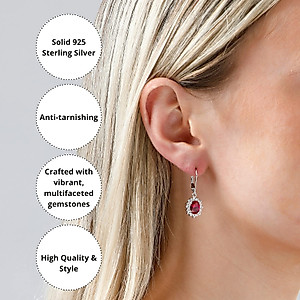 Parade of Jewels 925 Sterling Silver Halo Sunburst Created Blue Sapphire Oval Dangle Earrings for Women | 8x6mm September Birthstone with Leverback White Topaz Accent Stones