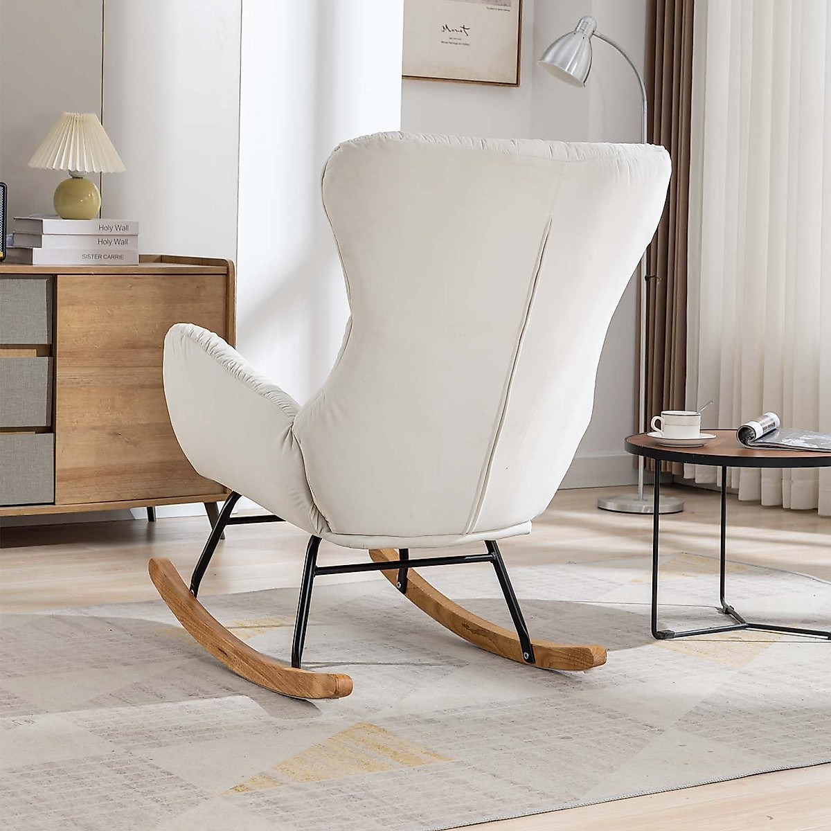 JEEOHEY Nursery Rocking Chair,Velvet Upholstered Glider Rocker Chair,Comfy Arm Chair,Modern Baby Rocking Accent Chair Indoor for Living Room, Bedroom,Office(Ivory)