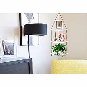 Tirzah 3-Tier Hanging Wall Corner Shelf with Rope, 9 inches White Real Wood Circular Sector Floating Shelf for Home Decor, Kitchen Organizer