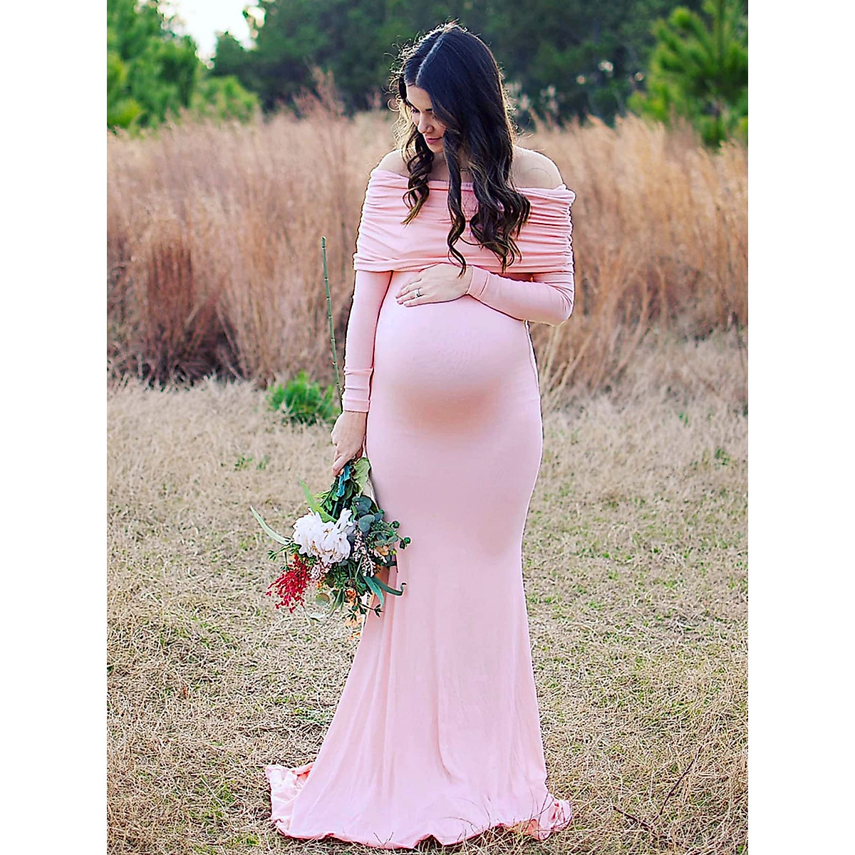 Glampunch Off Shoulders Maternity Dress Long Sleeve Ruched Maternity Gown Baby Shower Photography Pregnant Dress