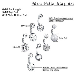 FUNRUN JEWELRY 7PCS 14G 6MM 1/4 Inch 316L Surgical Steel Belly Button Rings Belly Earring CZ Navel Rings Barbell Body Piercing Jewelry (A:Silver tone)