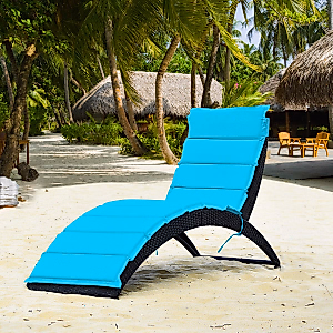 Tangkula Foldable Patio Lounge Chair, Outdoor Rattan Lounger Chaise, Portable Patio Chaise with Cushion, All-Weather Wicker Furniture for Garden Lawn Balcony Backyard Poolside (1, Turquoise)