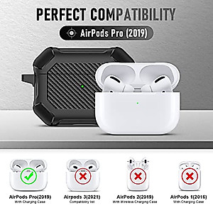 Maxjoy for AirPods Pro Case, Carbon Fiber Secure Lock Clip Full Body Shockproof Hard Shell Protective Case Cover with Keychain for Apple AirPod Pro (2019), Black