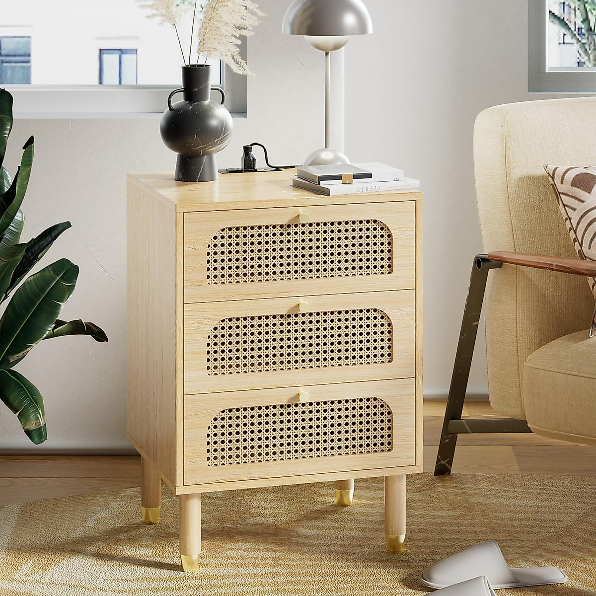 VINGLI Rattan Nightstands Set of 2 with Charging Station, 19" W x 27" H Nightstand 3 Drawer Set of 2, Boho Nightstand/End Table/Side Table, Rattan Bedside Table for Bedroom(Oak, 2 Pack)