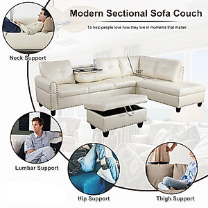 97 in L-shaped Sectional Couch, Button Tufted Upholstered Faux Leather Sofas w/ Chaise Lounge, Living Room Modular Furniture Sets, Foldable Console with Cup Holders, Wood Frame Metal Legs (White)
