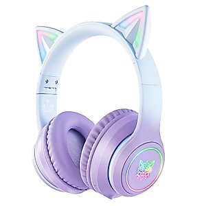 Bluetooth Cat Ear Headphones for Kids & Adults, Wireless & Wired Mode Foldable Headset with Mic - Clear Sound Quality - RGB LED Light, for Girls School Gaming, for Phone/Laptop/PC/Tablet, Purple