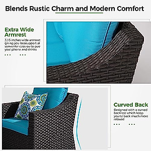 Kiss the Water Outdoor Patio Furniture Sets, 7 Pieces Outdoor Sectional Rattan Sofa Set, Brown PE Wicker Patio Conversation Sets with 10 PCS Lake Blue Washable Cushion and Tempered Glass Table