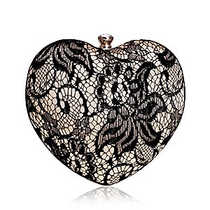Womens Lace Evening Bag Party Clutch Purse Elegant Heart Shape Wedding Handbag Black