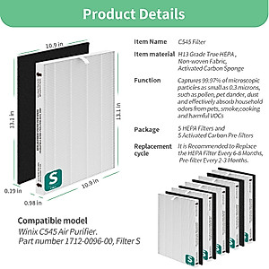 SAKEGDY 5 Packs C545 True HEPA Replacement Filter Set, Compatible with Winix C545 Purifier, Winix Filter S, Part# 1712-0096-00, 5 True HEPA + 5 Carbon Pre-filters