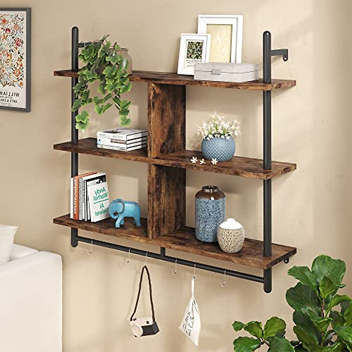 Bestier 41.5" Floating Pipe Shelving 3 Tier Industrial Wall-Mounted Ladder Shelf Hanging with Circular Tube, Wood Display Bookshelf Storage for Living Room Kitchen Balcony, Rustic Brown