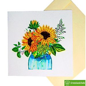 Sunflowers Arrangement in Vase, Quilled Card, Quilling Card 3D,Unique Dedicated Handmade, Design Greeting Card for Birthday, Valentine's Day, Mothers Day, Spring, Fathers Day, All Occasion,6"x6"