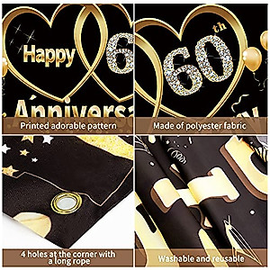 60th Anniversary Banner Backdrop Decorations - Large Happy 60 Year Wedding Anniversary Party Supplies Décor - Black Gold 60 Anniversary Poster Sign for Outdoor Indoor