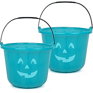 Teal Pumpkin Halloween Trick or Treat Bucket 8.5 in (2 Pack)-Official Teal Pumpkin Project Allergy-Friendly Candy Pail Accessory and Party Decoration Supplies, Haunted House Plastic Bowl w Handle