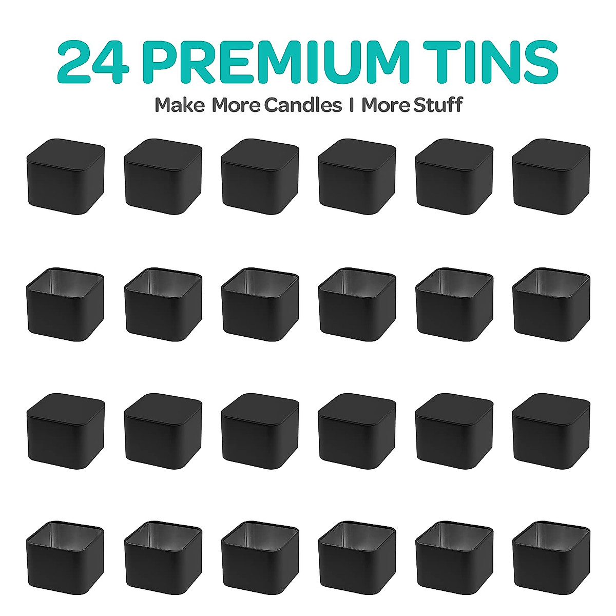 Hearts & Crafts Black Square Candle Tins 8 oz with Lids - 24-Pack of Bulk Candle Jars for Making Candles, Arts & Crafts, Storage, Gifts, and More - Empty Candle Jars with Lids
