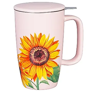 Sunddo Ceramic Tea Cup with Infuser and Lid Sunflower Coffee Mug Gifts for Women Mom Teacher Wife Friends Valentines Day Christmas Mothers Day