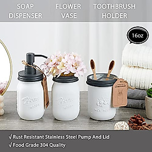 White Mason Jar Bathroom Accessories Set 8 Pcs - Lotion Soap Dispenser,Toothbrush Holder,2 Apothecary Jar Canisters, Flower Vase,Soap Dish,Vanity Tray,Storage Organizer Basket Bin (Grey)