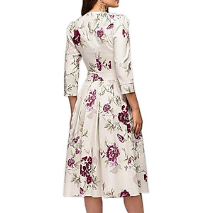 Simple Flavor Women's Floral Vintage Dress Elegant Autumn Midi Evening Dress 3/4 Sleeves (Beige, M)