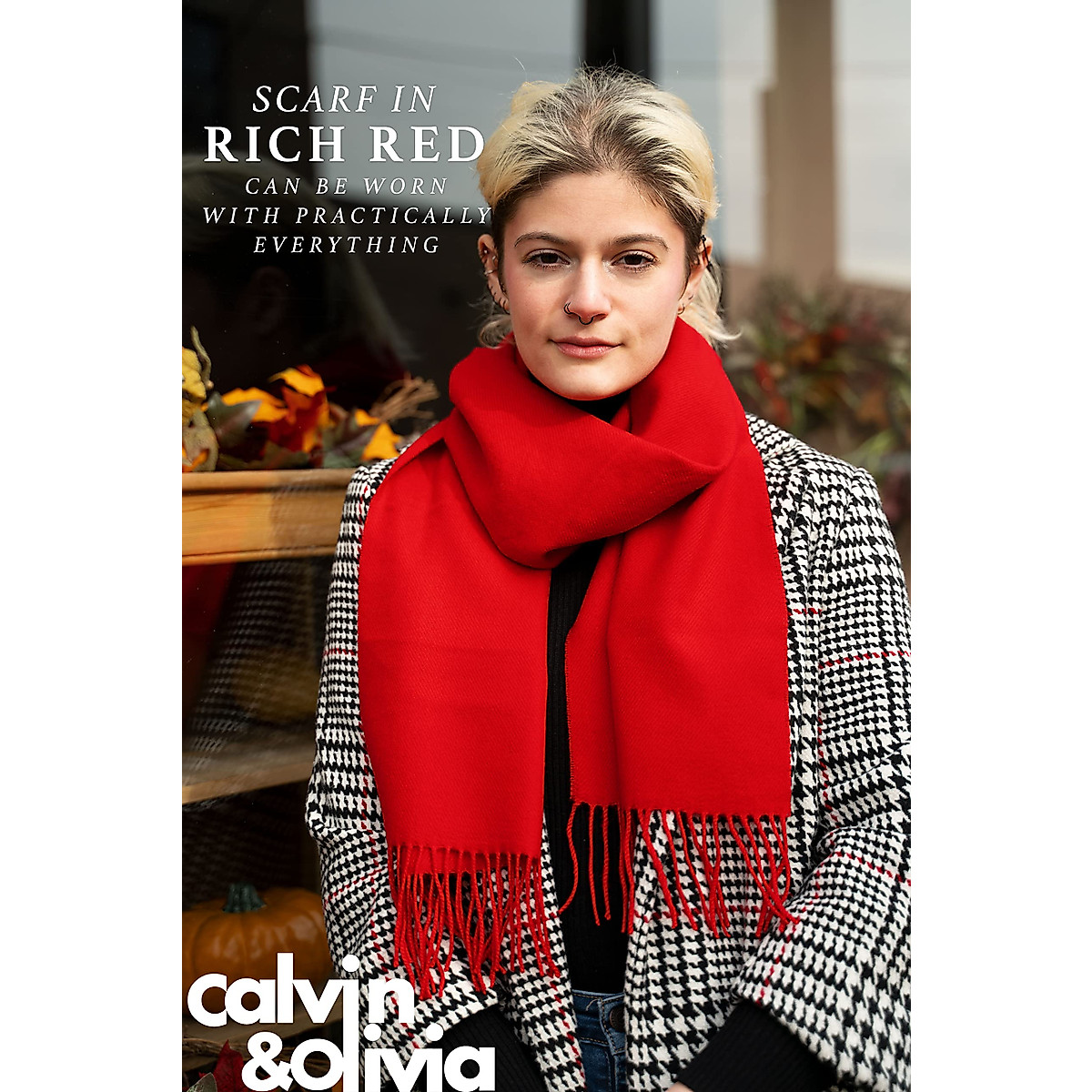 CALVIN & OLIVIA Ultra-Soft Winter Cashmere Feel Scarf Solid Color Warm Long Unisex Winter Scarves Perfect Holiday Gift for Women Men Amazon Christmas Red