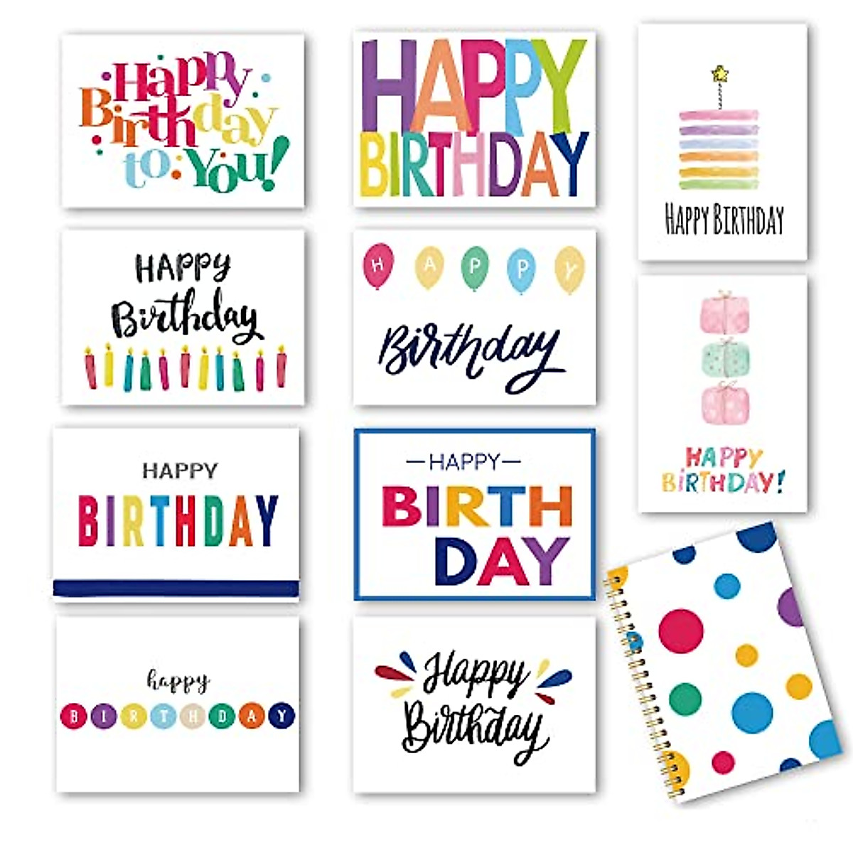 100 Birthday Cards, Happy Birthday Cards Bulk with Short Message Inside, 5x7 Inch Thick Card Stock Assorted Birthday Cards with Envelopes,10 Unique Designs Birthday Cards for Men and Women.