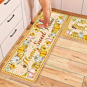 Fall Kitchen Mats, Happy Fall Yall Kitchen Rugs for floor Set of 2, Pumpkins Kitchen Rugs and Mats Non Slip, Autumn Leaves Sunflower Home Sweet Home Decor Gifts for Office Laundry, 17x29+17x47 Inch